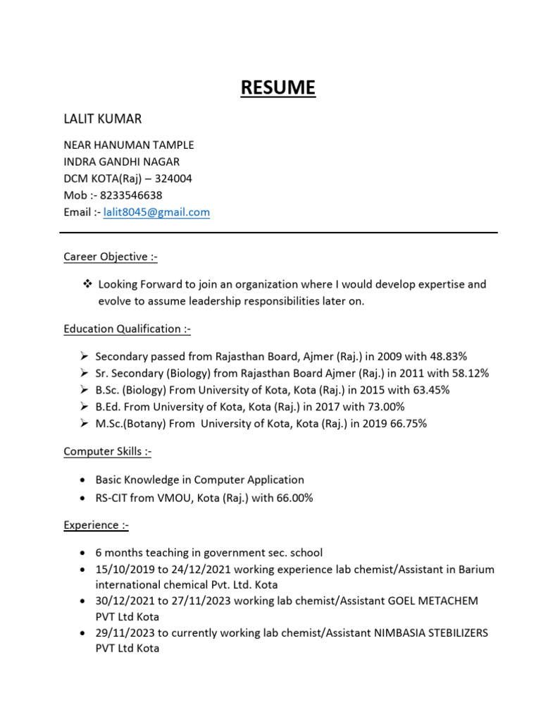 Lab Chemist Resume | PDF