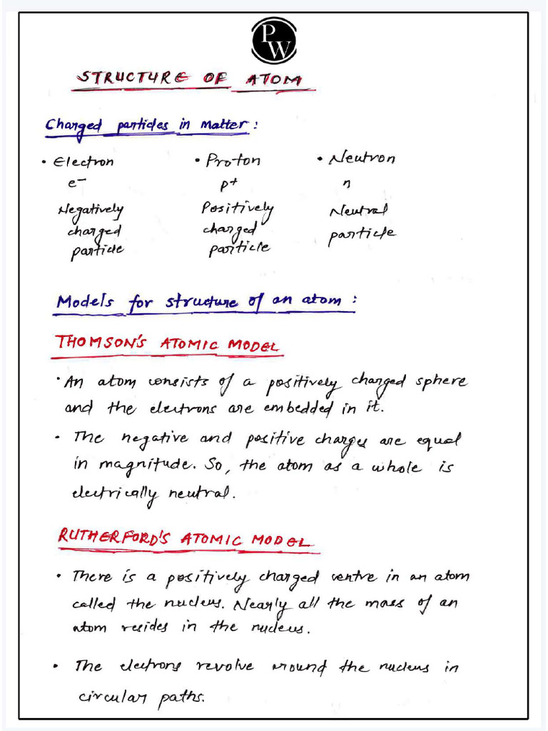 Structure of Atom - Handwritten Notes (Chemistry) | PDF