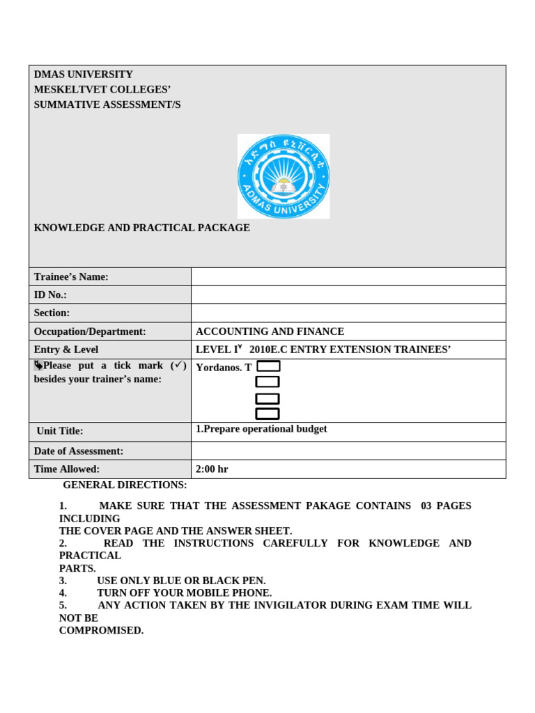 Operational Budget 2nd Semi Exam 2013 (Abera) | PDF | Inventory | Budget