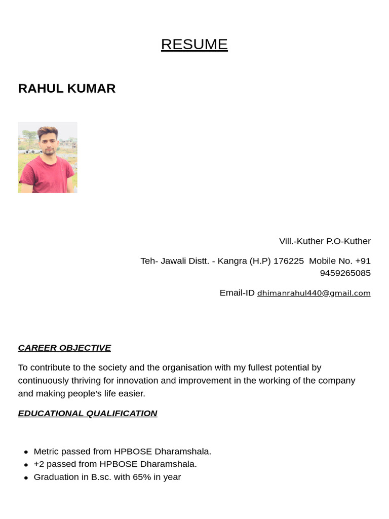 Rahul Kumar New Resume-1 (2) .Pages | PDF | Physical Sciences | Laboratory Techniques