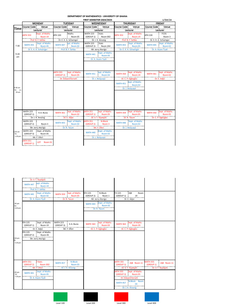 Timetable-SEM-1-2024-2025 - TimeTable (Level 200, 300,400) | PDF