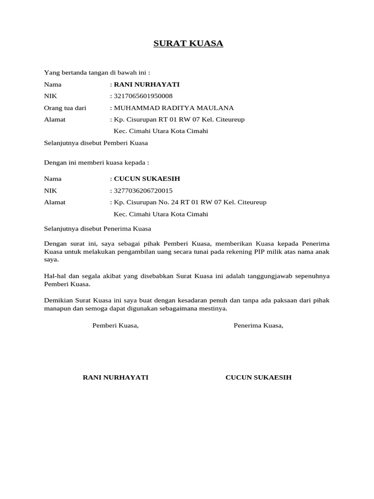 Surat Kuasa Pengambilan Dana Pip | PDF