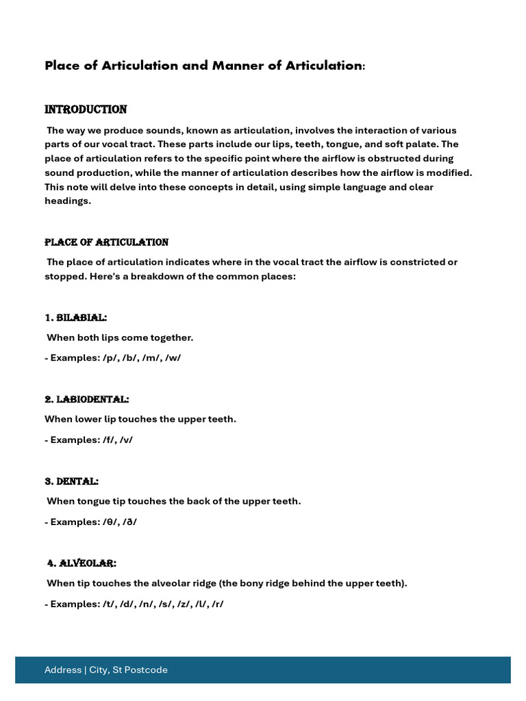 Place and Manner of Articulation | PDF