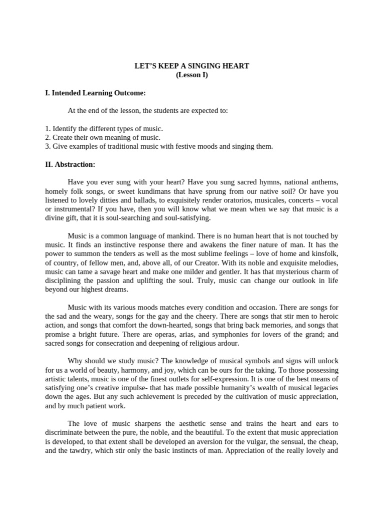 Lesson-1-Music-Lets-keep-a-singing-heart | PDF | Songs