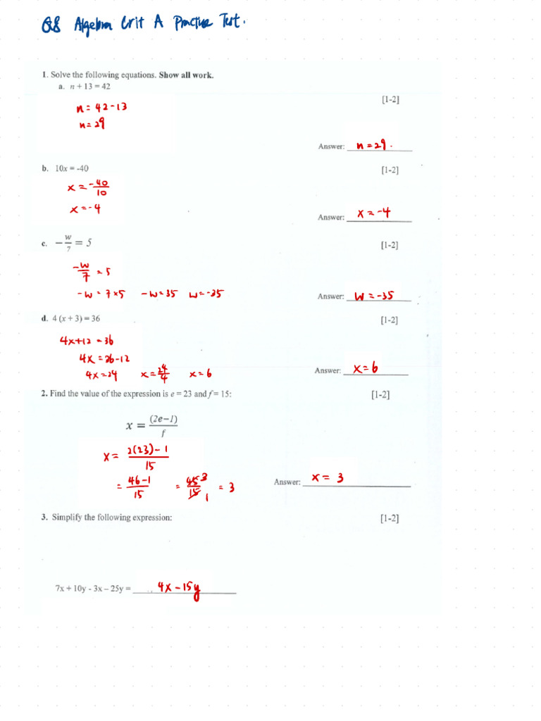 (Answer) G8 Algebra Crit A Practice Test | PDF