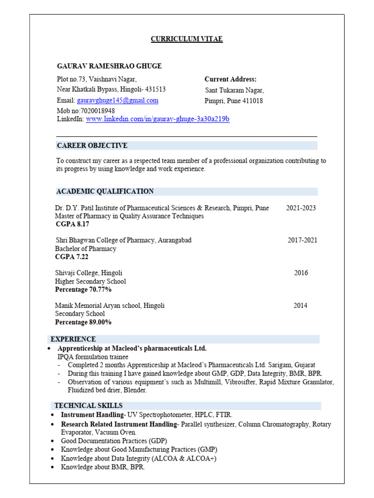Mpharm Gaurav Ghuge CV RA-1 | PDF
