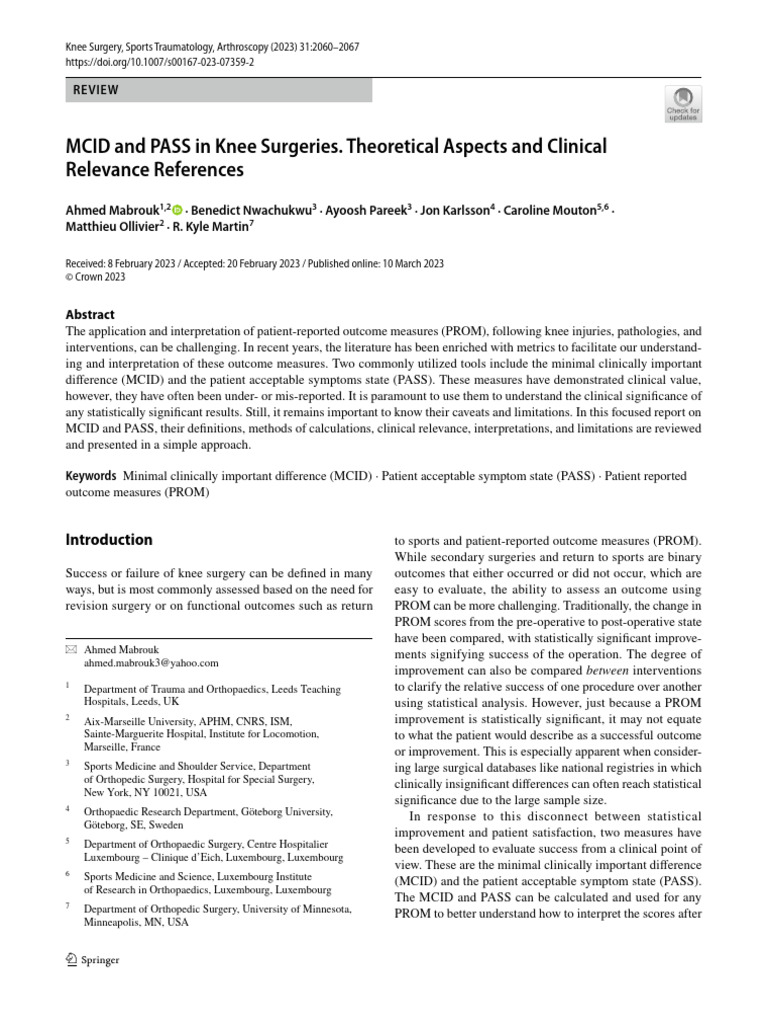ESSKA-2023-MCID and PASS in Knee Surgeries. Theoretical Aspects and Clinical Relevance ...