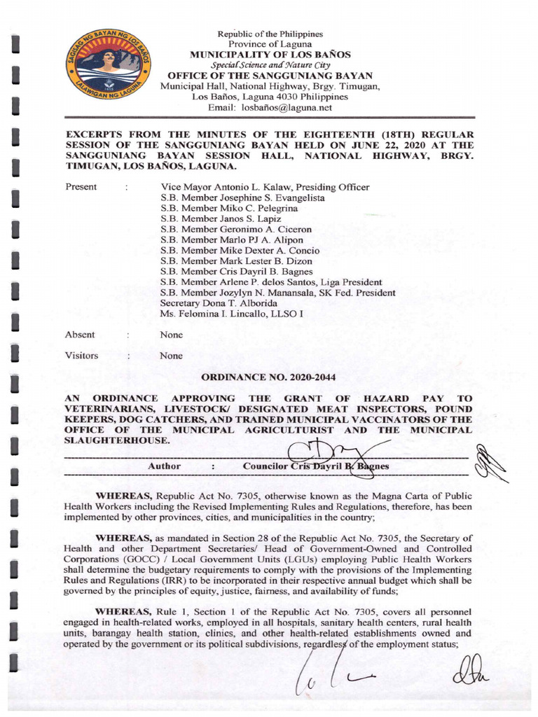 Ordinance No. 2020-2044 - Ordinace For Hazard Pay of Veterinarians | PDF