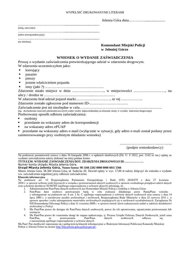 Wniosek o Wydanie Zaswiadczenia 2023 - Zalacznik Do Decyzji 453 KWP We Wroclawiu 2 2 | PDF