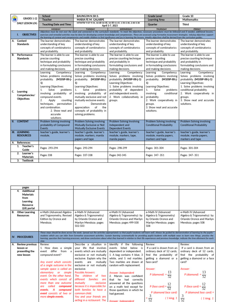 Math 10 3RD Quarter W8 | PDF | Learning | Probability