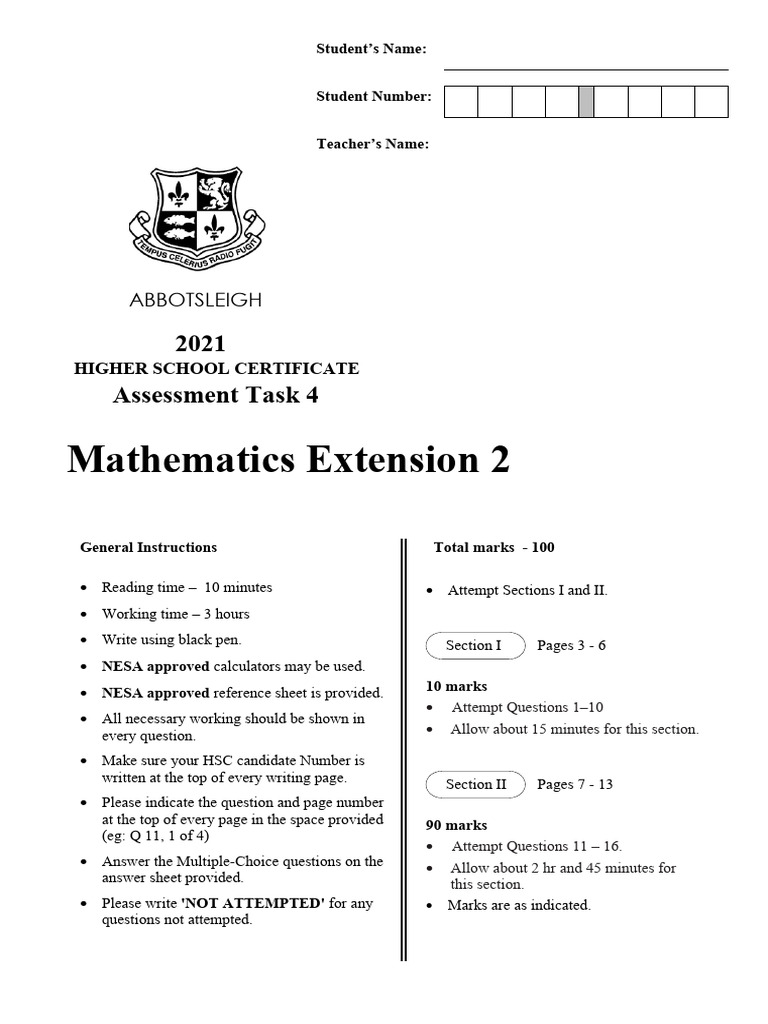 HSC Mathematics Ext. 2 Task | PDF | Mathematics | Complex Number
