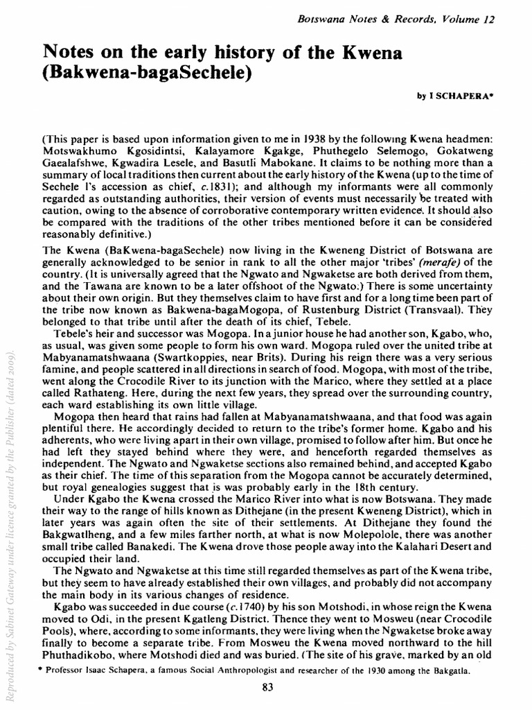 Schapera 1980 Notes On The Early History of The Kwena (Bakwena ...