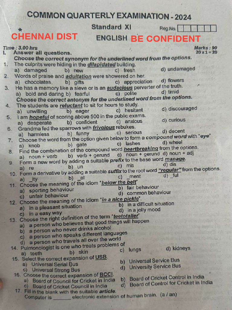 Xi STD - Chennai Question & Key - Sep 2024 Final | PDF