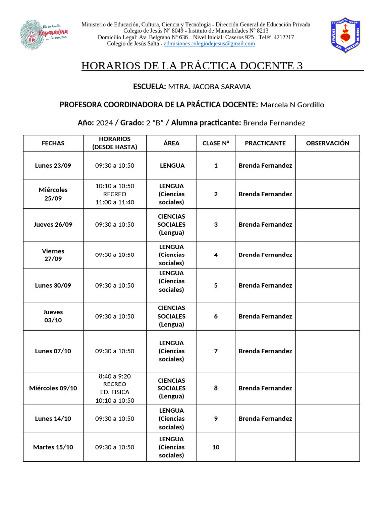 Horarios de 2do - B - Fernandez Brenda | PDF