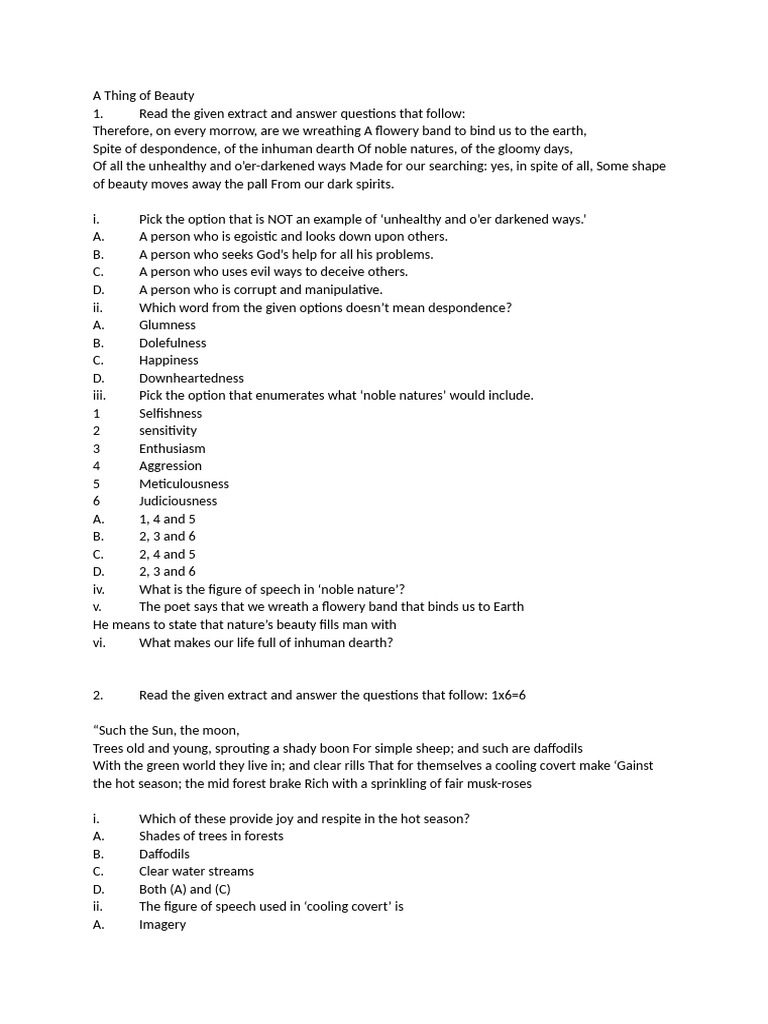 Thing of Beauty Worksheet | PDF | Poetry