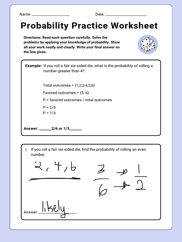 Probability Math Worksheet in Blue Black and White Simple Boxed Style ...