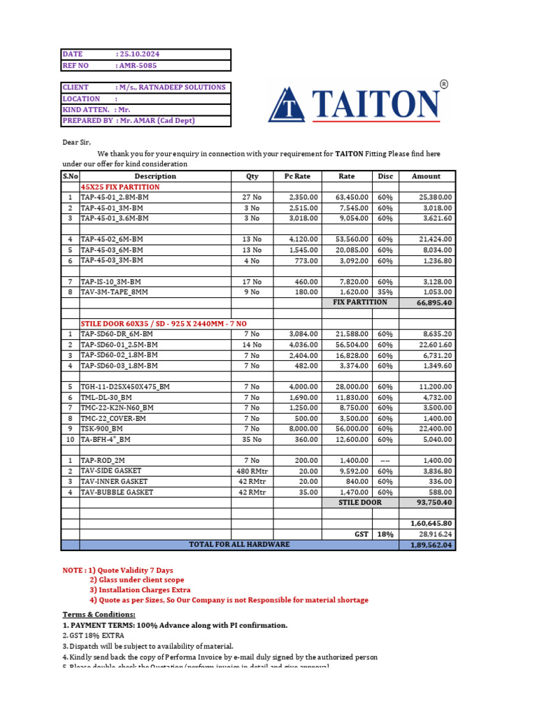 Amr-5085 - Stile 60X35 - 45X25 Partition - BM - (25.10.2024) - Quote | PDF