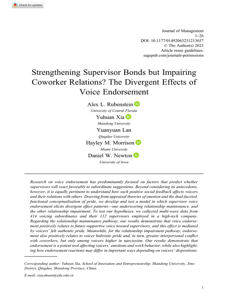 Rubenstein Et Al 2023 Strengthening Supervisor Bonds But Impairing Coworker Relations The ...