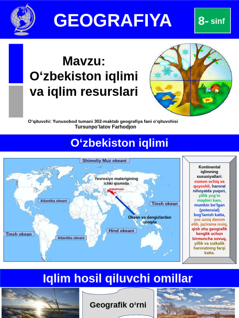 8 Sinf 4 Mavzu O'zbekiston Iqlimi Va Iqlim Resurslari Eduportal | PDF