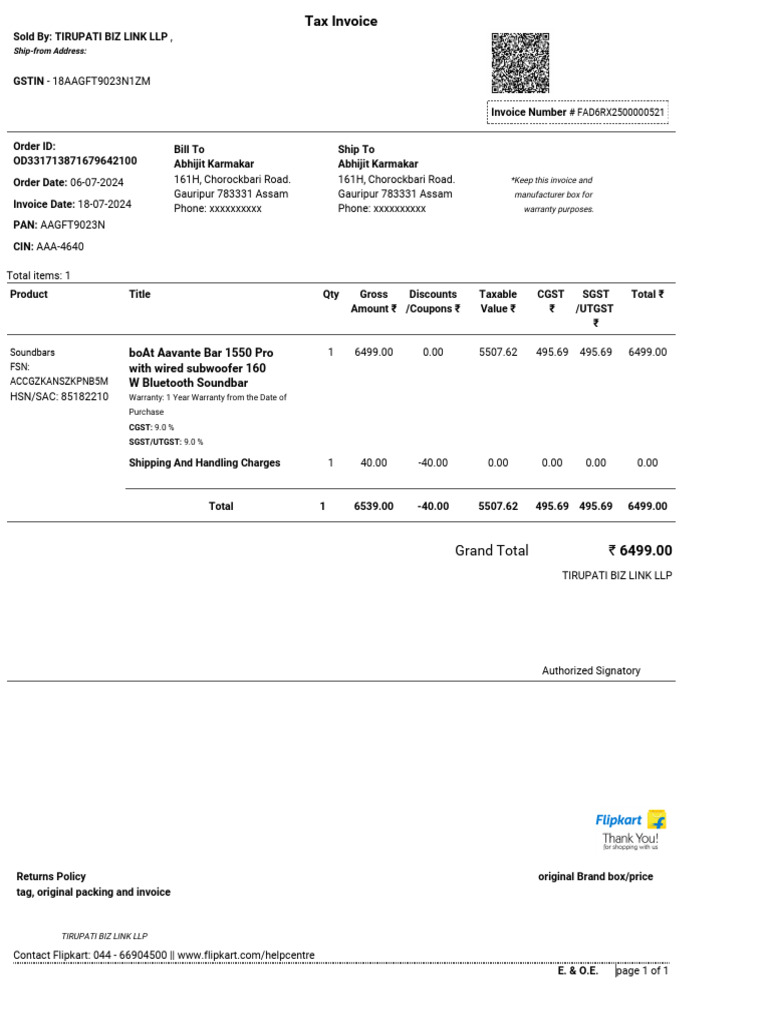 Tax Invoice for boAt Soundbar Purchase | PDF | Taxes | Government Finances
