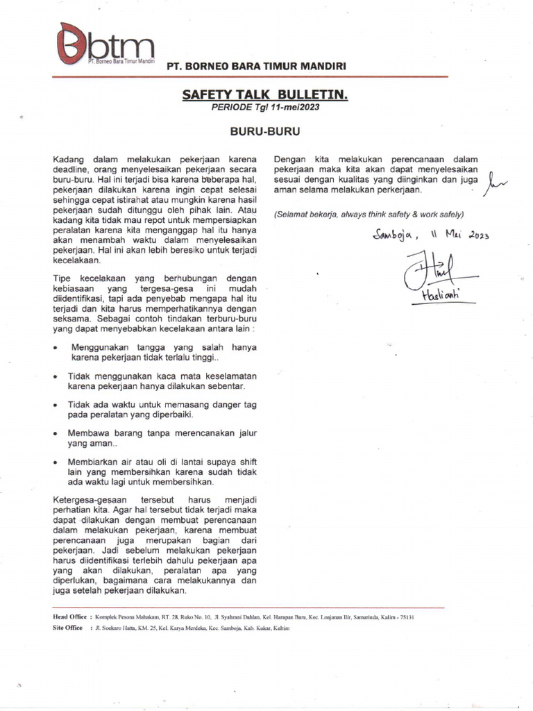 Materi Safety Talk 11mei23 | PDF