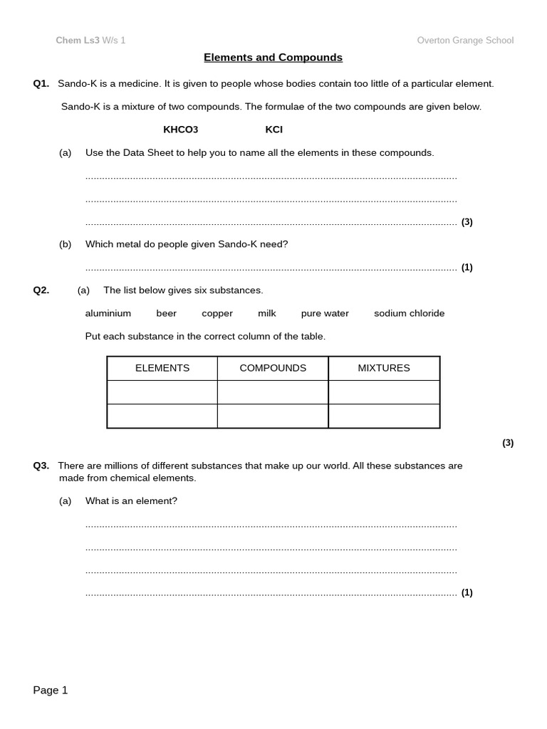 L3 Ws 1elements and Compounds Exam Questions | PDF | Chemical Compounds ...