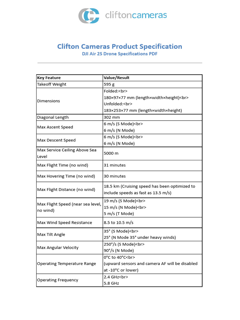 DJI Air 2S Drone Specifications | PDF | Pixel | Field Of View