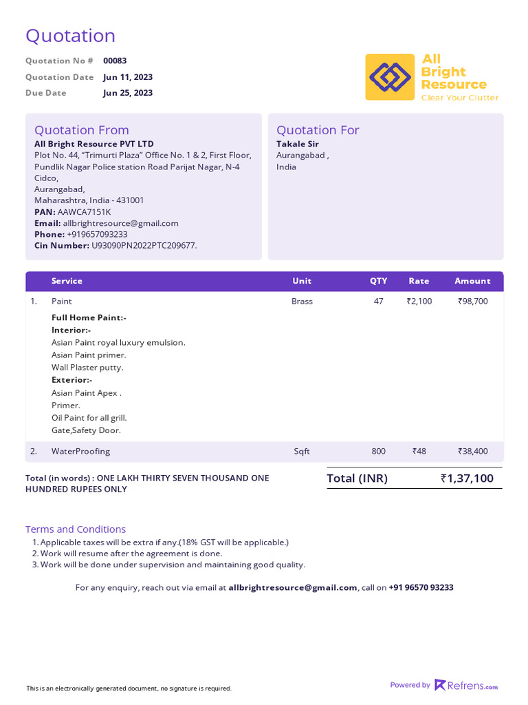 Quotation 00083 All Bright Resource PVT LTD Takale Sir | PDF