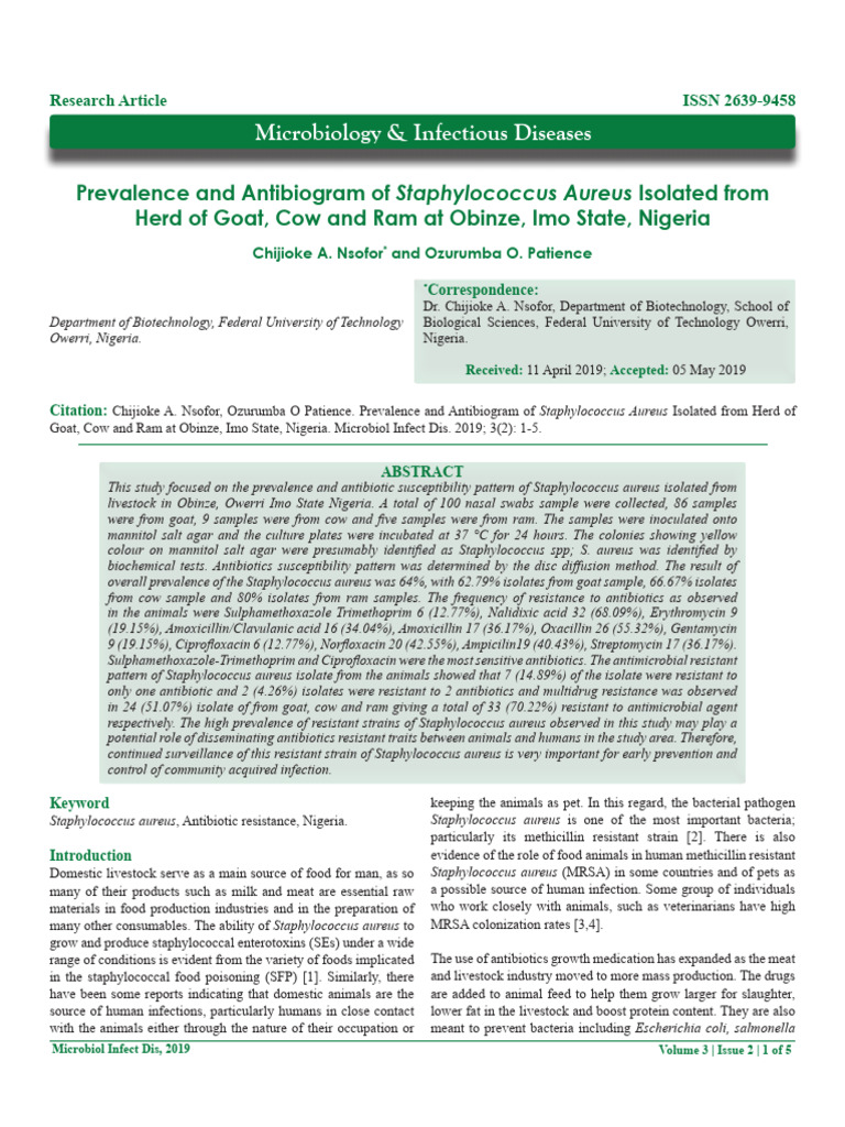 Prevalence and Antibiogram of Staphylococcus Aureus Isolated From Herd of Goat Cow and Ram at ...