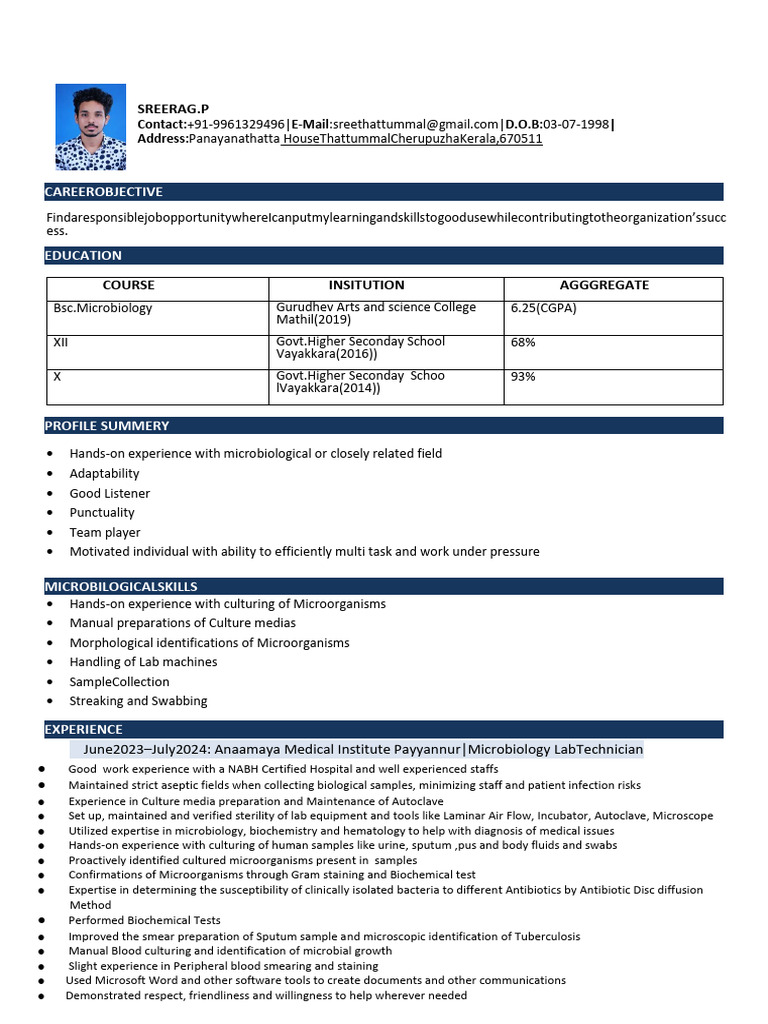 Microbiology Lab Technician Resume | PDF | Infection | Microbiology