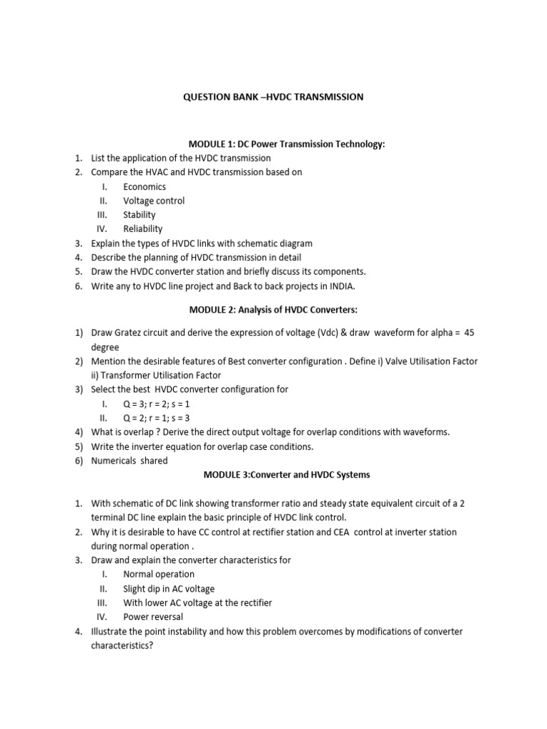 HVDC Question Bank | PDF | High Voltage Direct Current | Power Inverter
