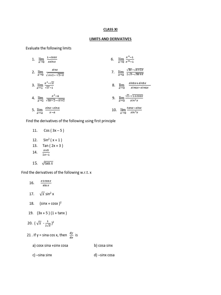Calculus Problems for Class XI | PDF