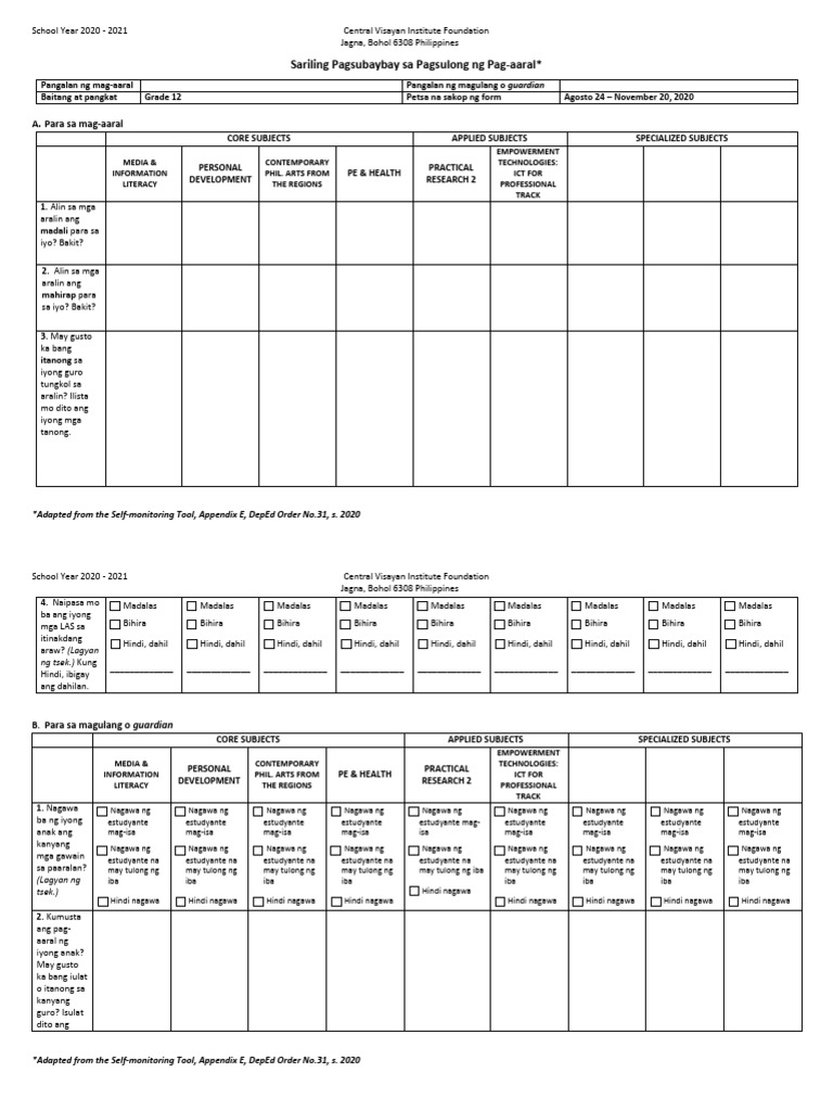 2 Edited Self Monitoring Tool 20-21 Grade 12 | PDF