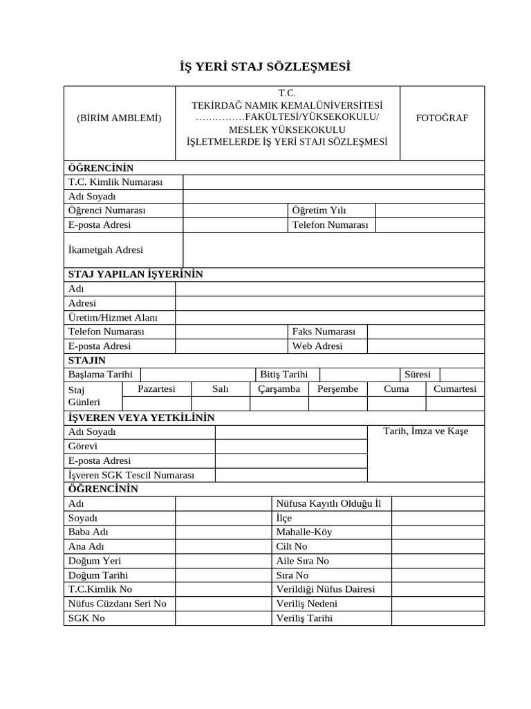 İşyeri Staj Sözleşmesi - Yeni | PDF