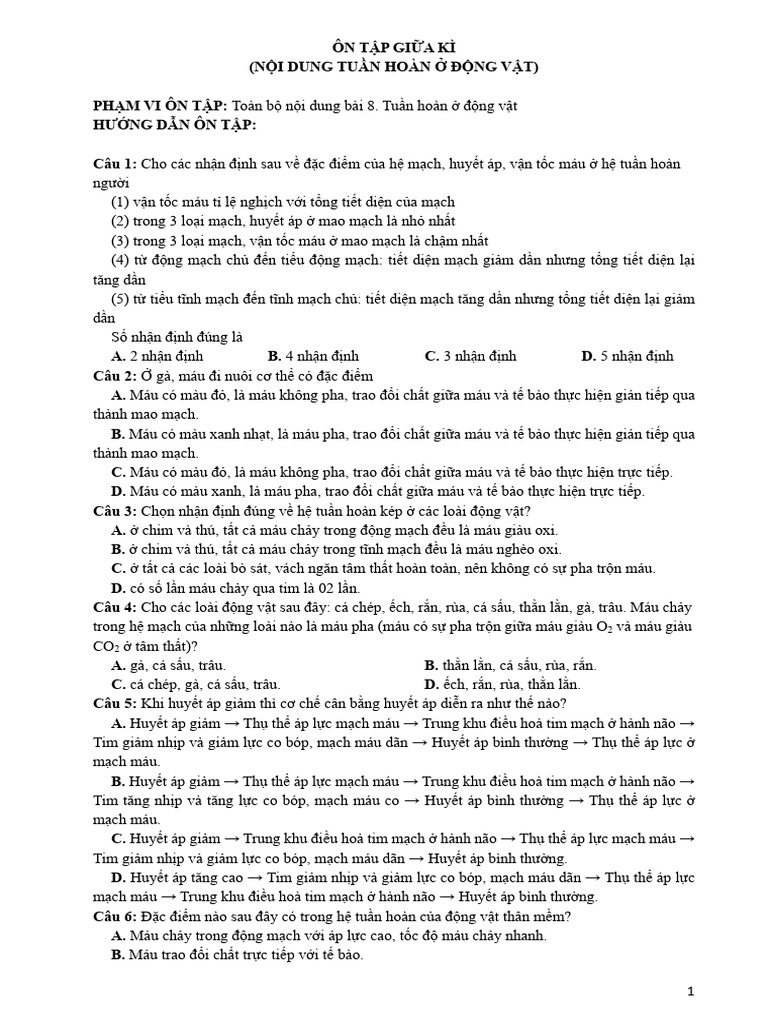 SH11 - Đề Cương - Bài 8 - Tuần Hoàn | PDF