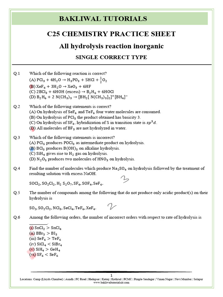 C25 CHEMISTRY Practice Sheet All Hydrolysis Reactions Inorganic | PDF | Hydrolysis | Chemical ...