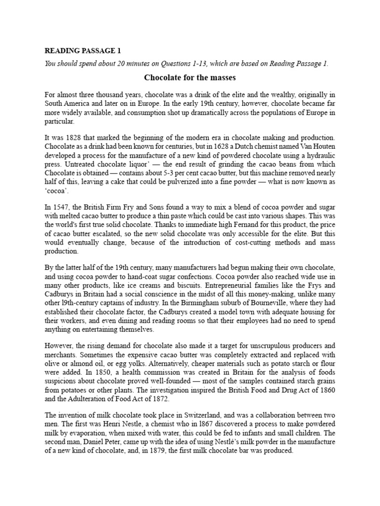 READING PASSAGE 1 | PDF | Chocolate | Cocoa Solids
