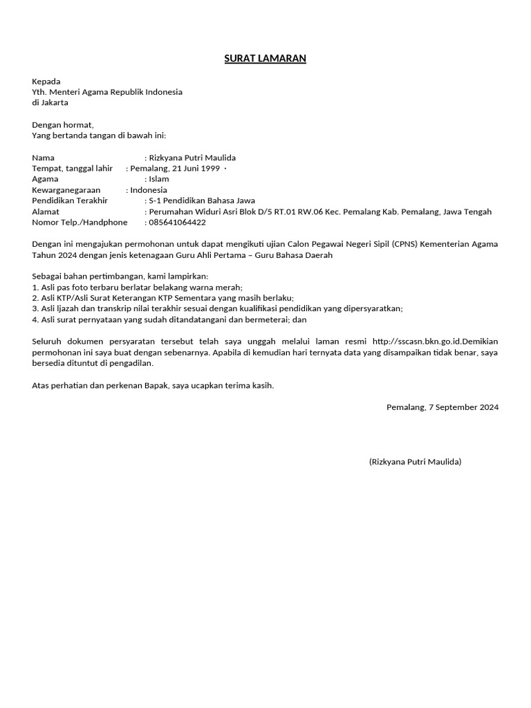 Surat Lamaran Dan Pernyataan CPNS Kemenag | PDF