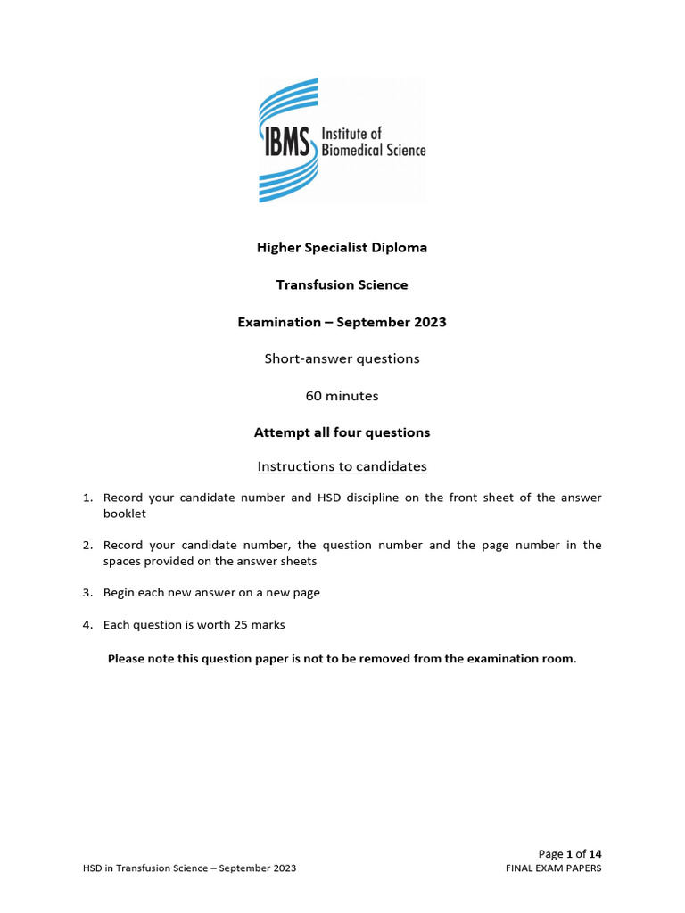 Transfusion Science Exam Guide | PDF | Blood Transfusion | Blood Type