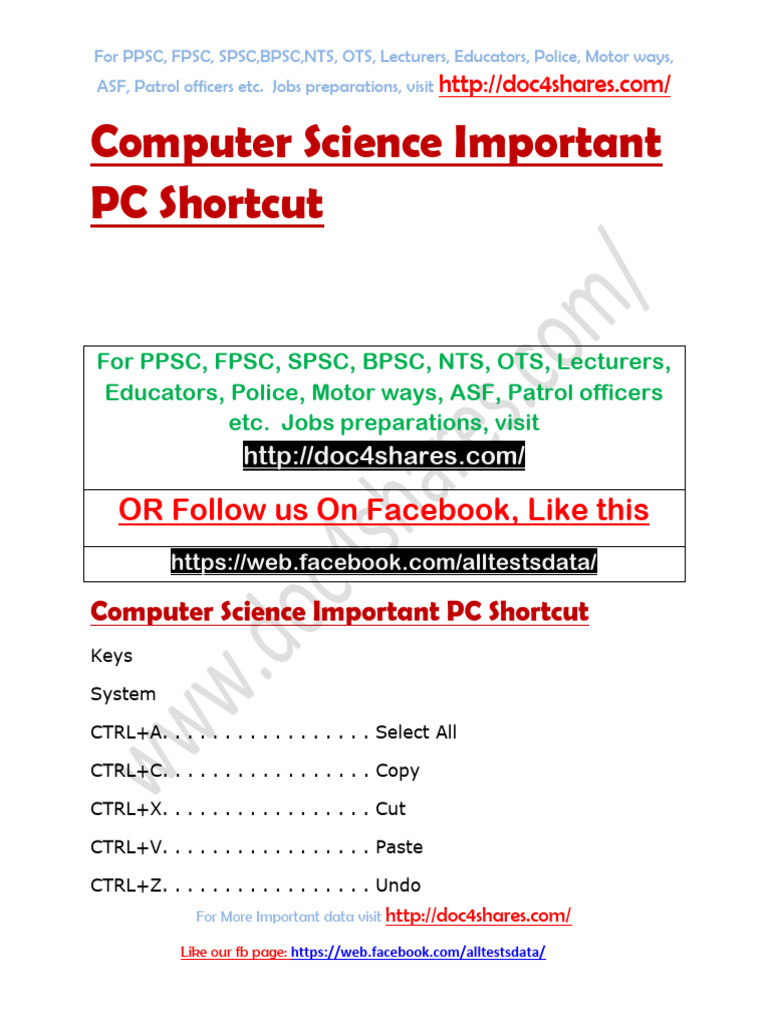 Computer Science Important PC Shortcut PPSC Tests | PDF | Operating ...