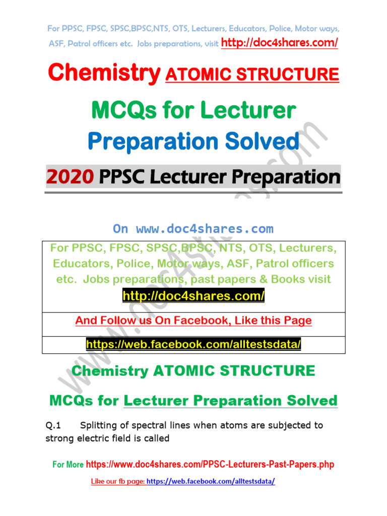Chemistry ATOMIC STRUCTURE MCQs For Lecturer Preparation Solved | PDF ...