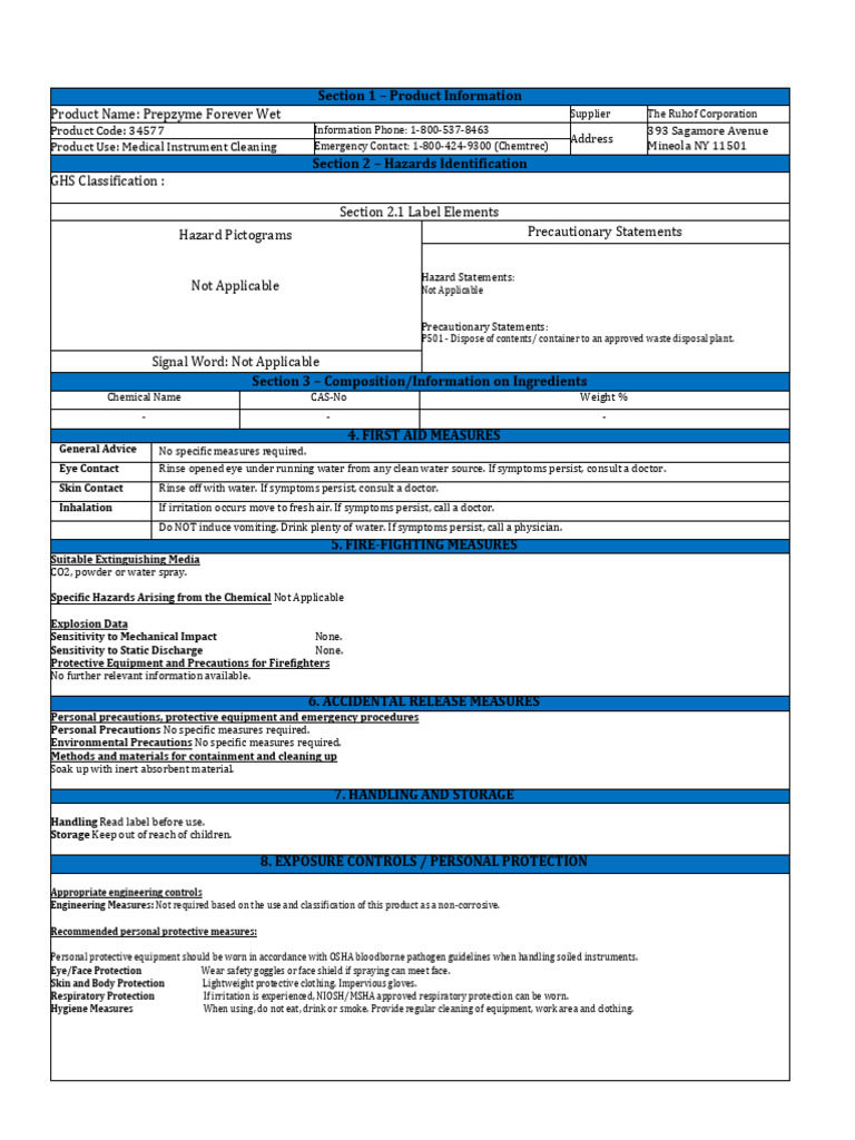 Prepzyme Forever Wet SDS Summary | PDF | Workplace | Occupational ...