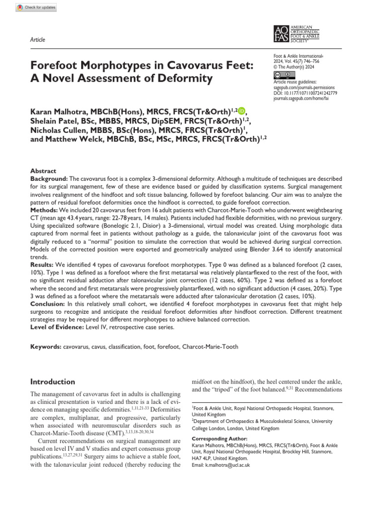 Malhotra Et Al 2024 Forefoot Morphotypes in Cavovarus Feet A Novel ...
