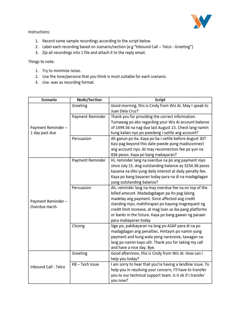Wiz AI Sample Recording Instructions | PDF | Service Industries