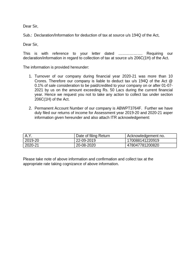 Declaration Format 206c (1h) | PDF | Finance & Money Management