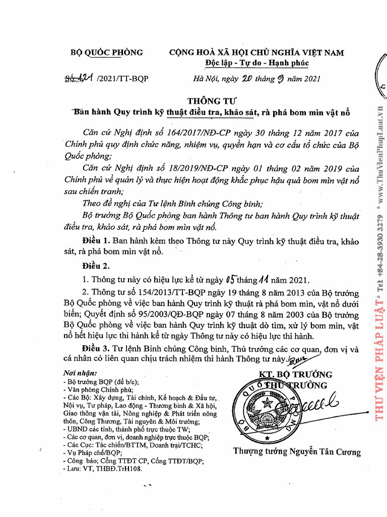 Thong Tu 121 - 2021 - BQP - Dien Tich Ra Pha Bom Min | PDF
