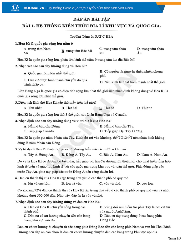 Kết quả kiểm tra Bài 1. Hệ thống kiến thức Địa lí khu vực và quốc gia ...