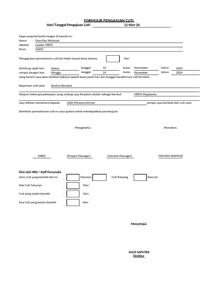 Form Pengajuan Cuti Doni | PDF