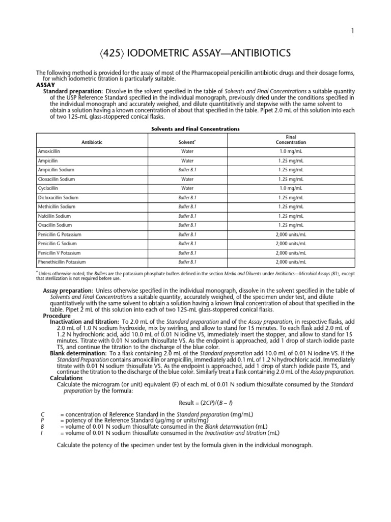 425 Iodometric Assay-Antibiotics | PDF | Titration | Chemistry
