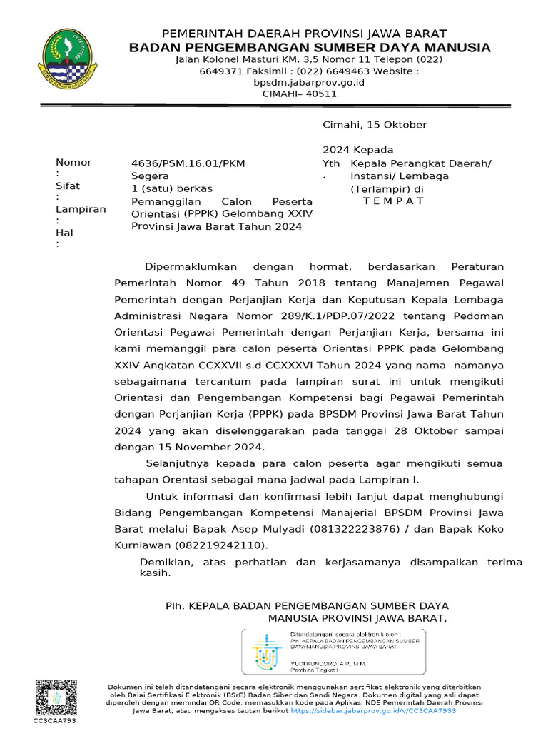 Pemanggilan Peserta Orientasi PPPK 2024 | PDF